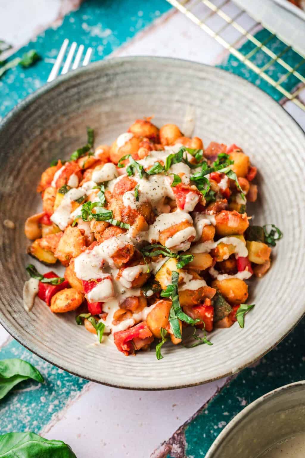 Vegan Gnocchi Bake with Beans and Tahini Sauce - Veggie Jam English
