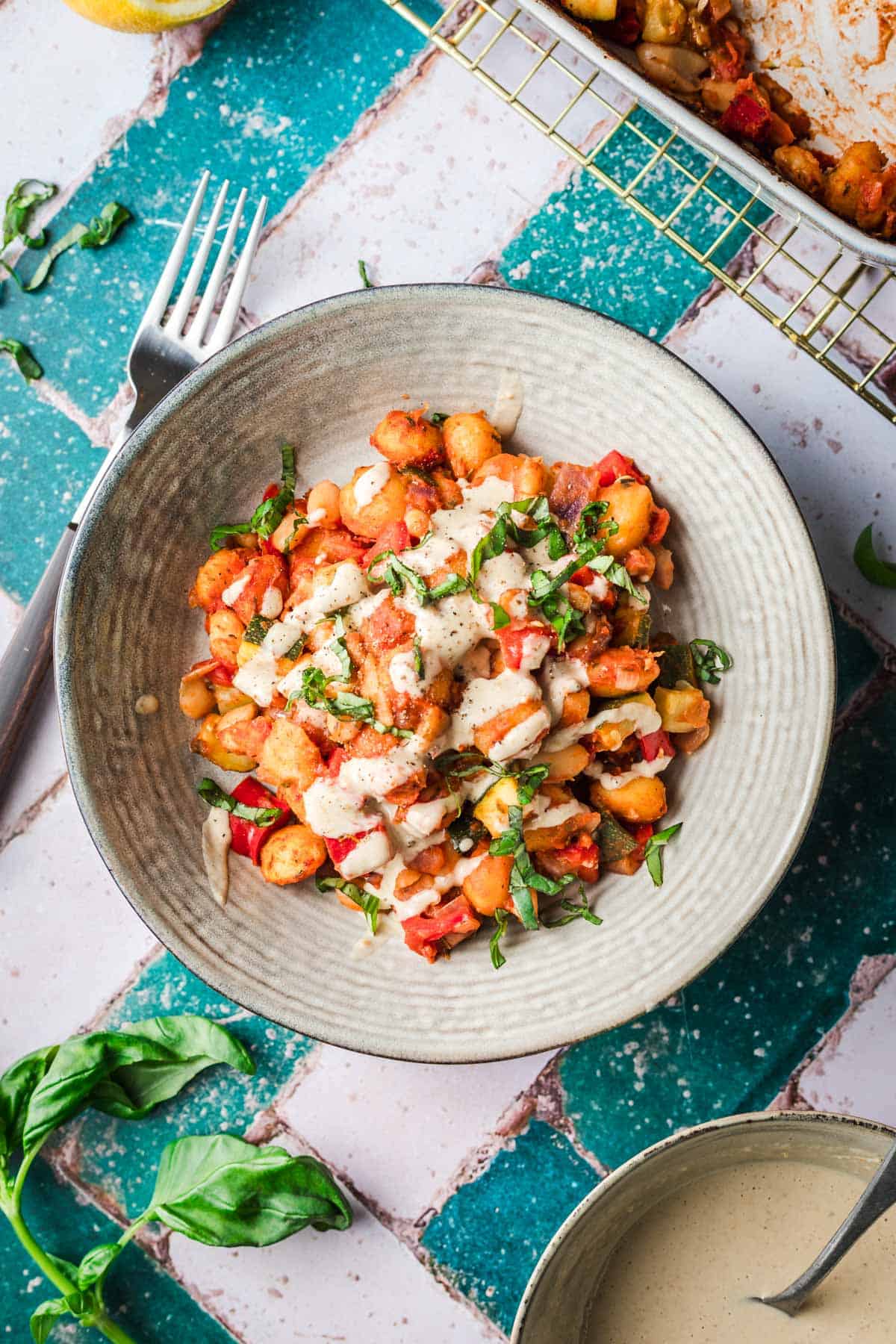 Vegan Gnocchi Bake with Beans and Tahini Sauce - Veggie Jam English